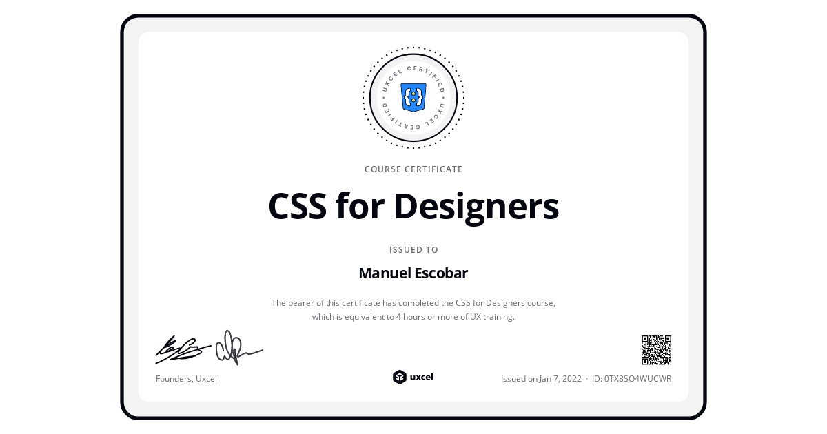 Certificate of completion for CSS Foundations | Uxcel